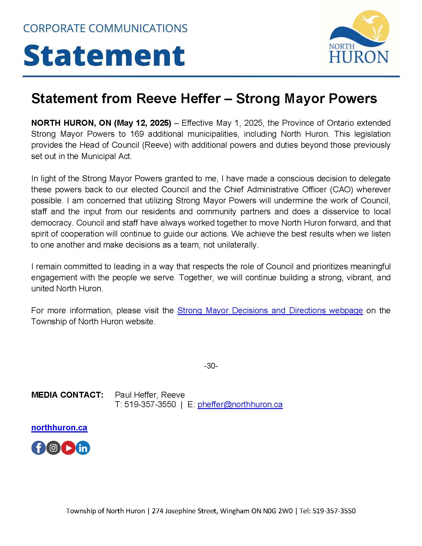 Statement from Reeve Heffer Strong Mayor Powers - Township of North Huron