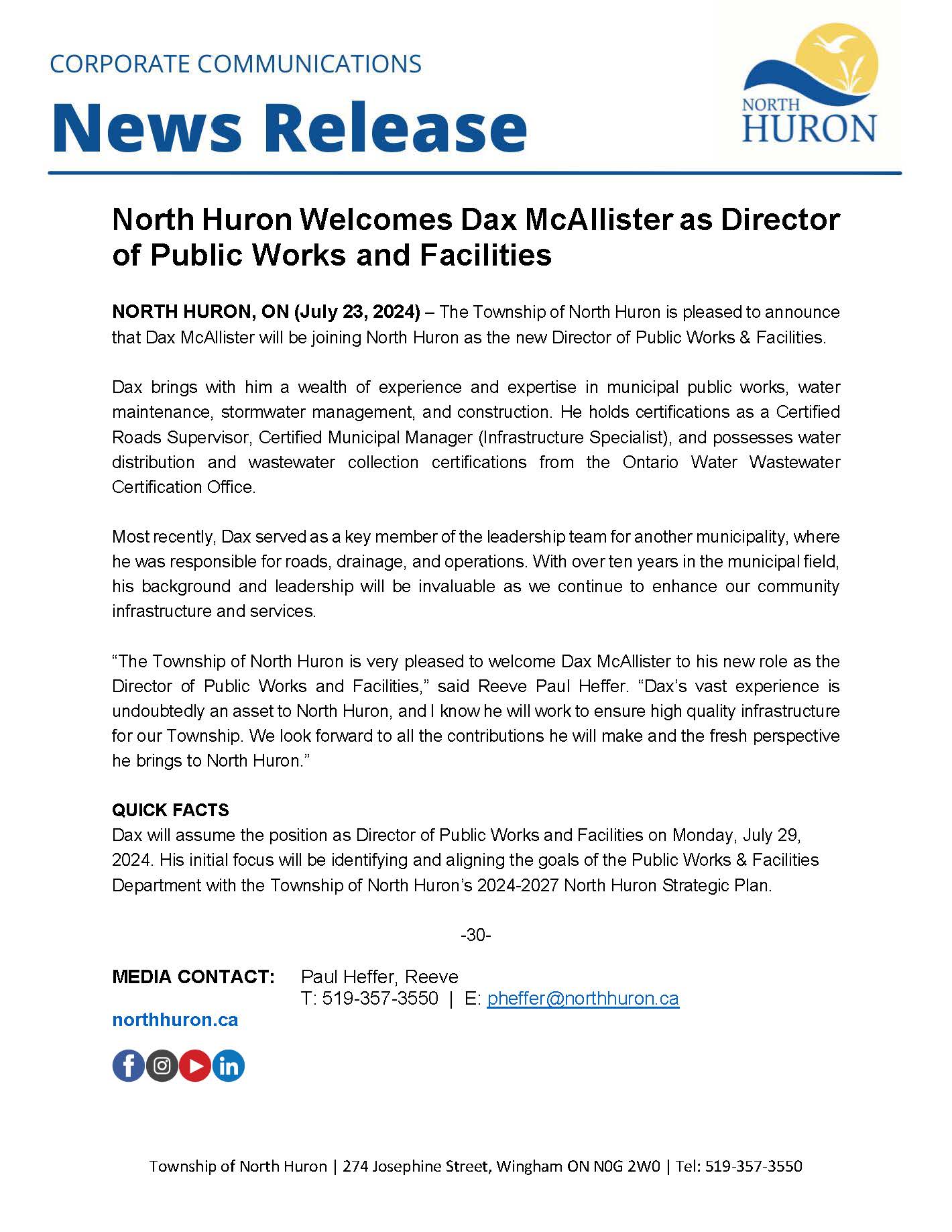 New Director of Public Works and Facilities - Township of North Huron