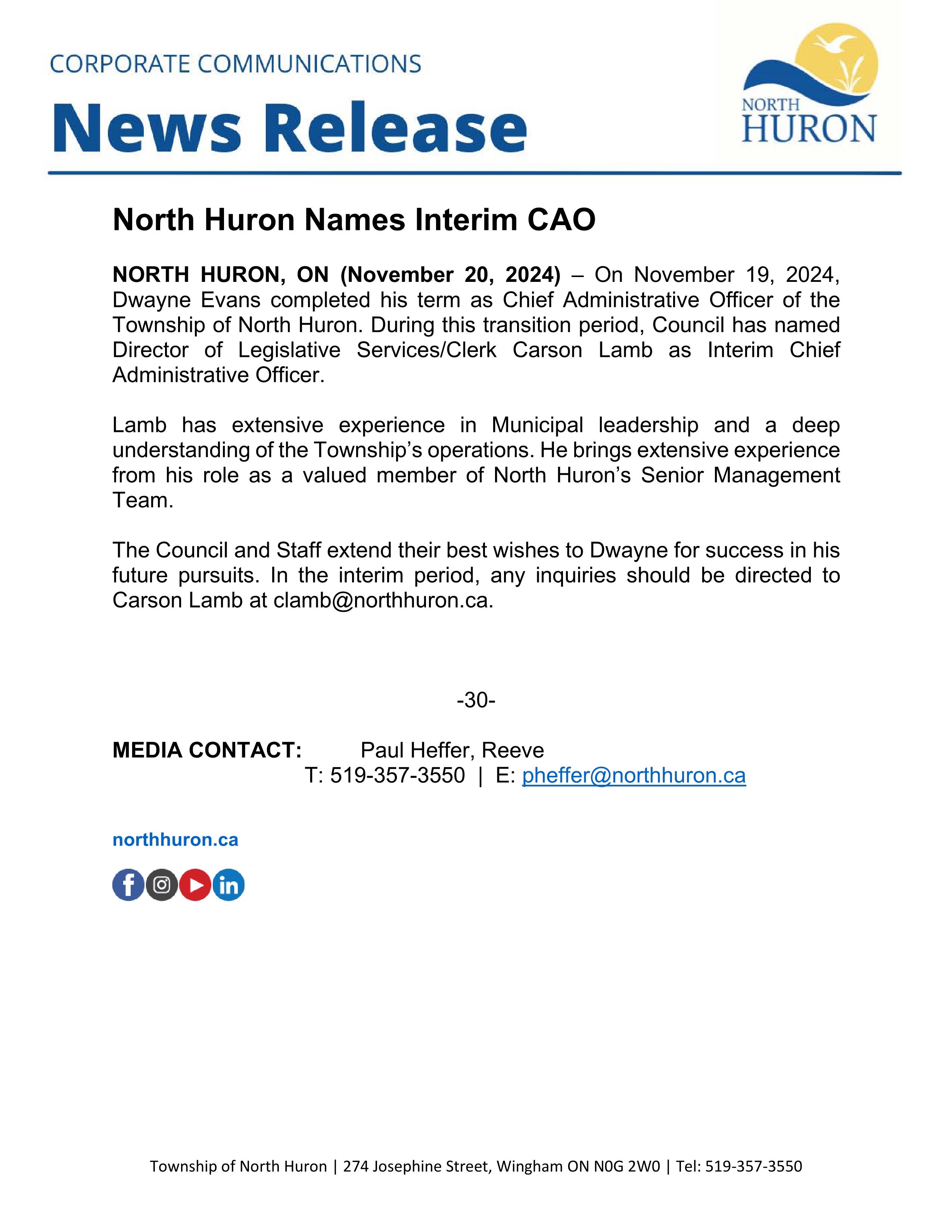 North Huron Names Interim CAO - Township of North Huron